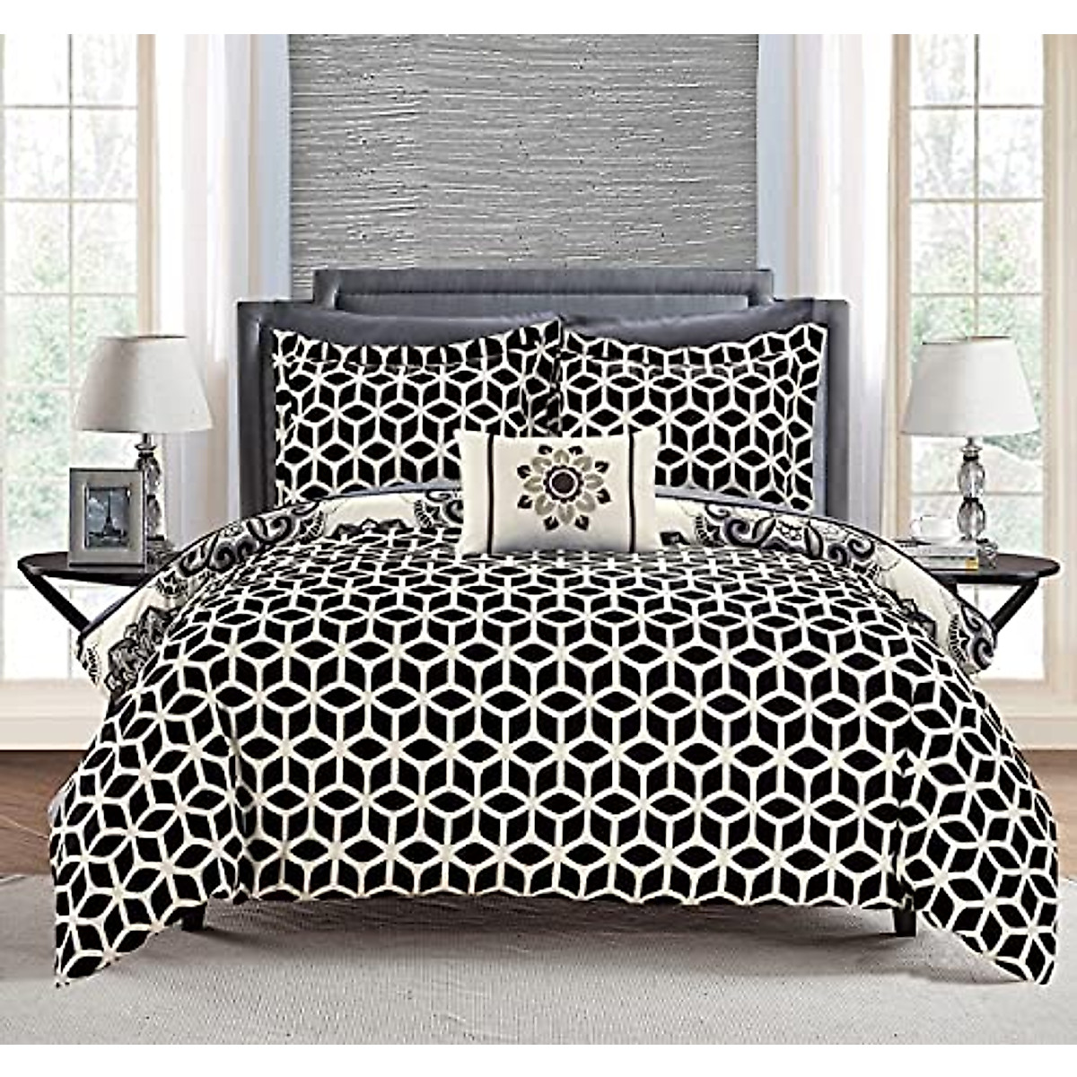 Chic Home 8 Piece Barcelona Super Soft microfiber REVERSIBLE King Comforter Set Black