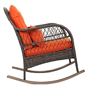 Tangkula Outdoor Wicker Rocking Chair, All- Weather Rattan Armchair w/Heavy-Duty Steel Frame, Patio Glider Rocker Chair w/Thick Cushions & Lumbar Pillow for Poolside, Garden, Porch, Backyard