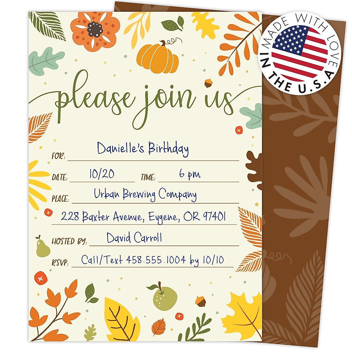 Koko Paper Co Fall Invitations in Autumn Colors with Pumpkin, Fruits and Florals. 25 Fill In Style Cards and Envelopes for Thanksgiving, Harvest Party, Birthday, Engagement, Bridal and Baby Shower, or