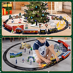 Christmas Train ElectricTrain Set with Retro Classic Steam Engine Wagon and Long Tracks, Battery Powered Train Playset with Smoke Lights and Sounds for Boys and Girls 3 5 6 7 Years Old