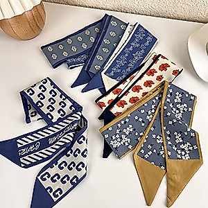 NCDUANSAN Retro small silk scarf girl heart spring and summer narrow ribbon headband headband bag decoration long scarf headdress (blue hair band 5pcs)