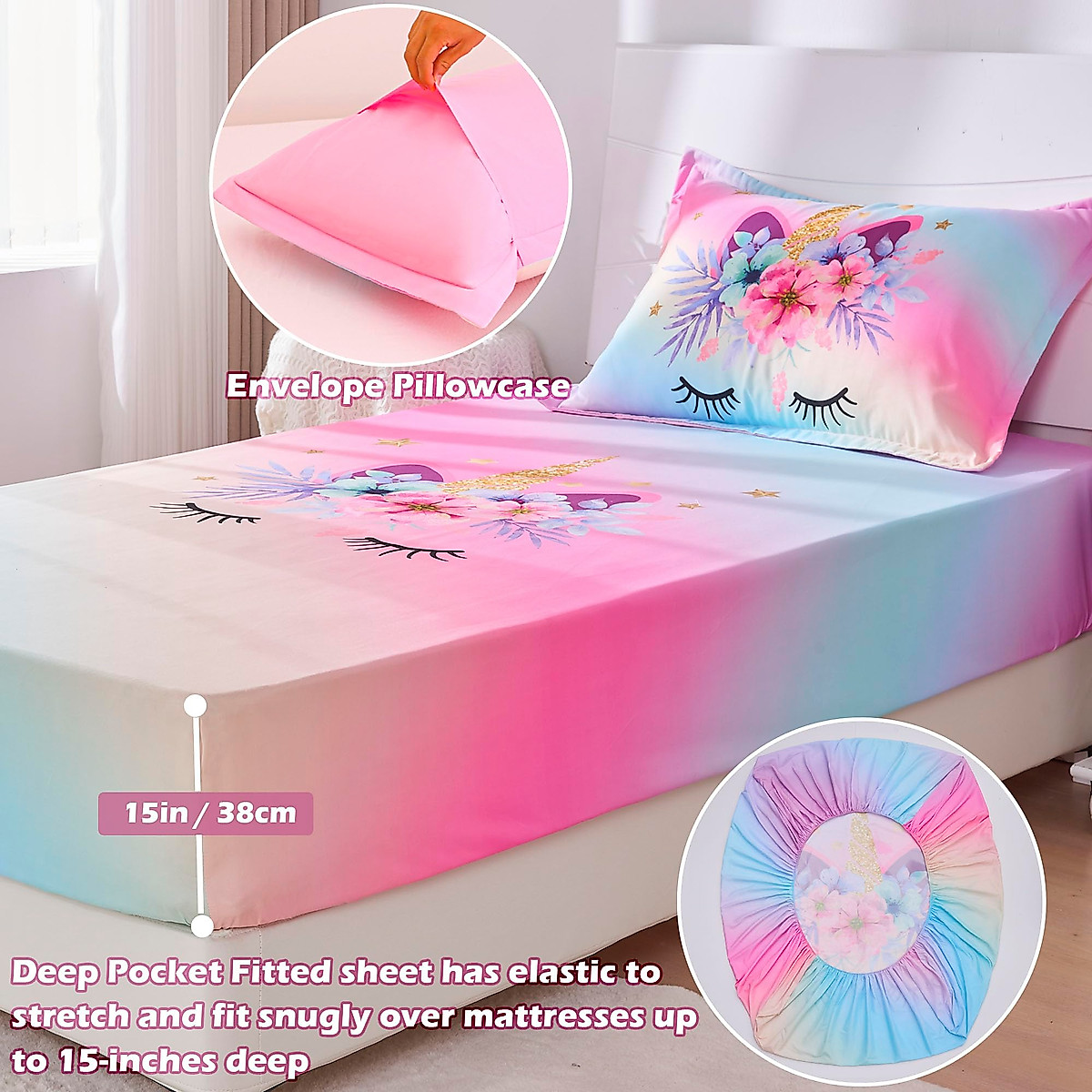 VIVILINEN Twin Size Sheet Set 3 Piece Rainbow Unicorn Kids Bed Sheets Set for Girls Kids Bedding Sheets Toddler Twin Bedding Set Include Flat Sheet, Deep Pocket Fitted Sheet and Pillowcase