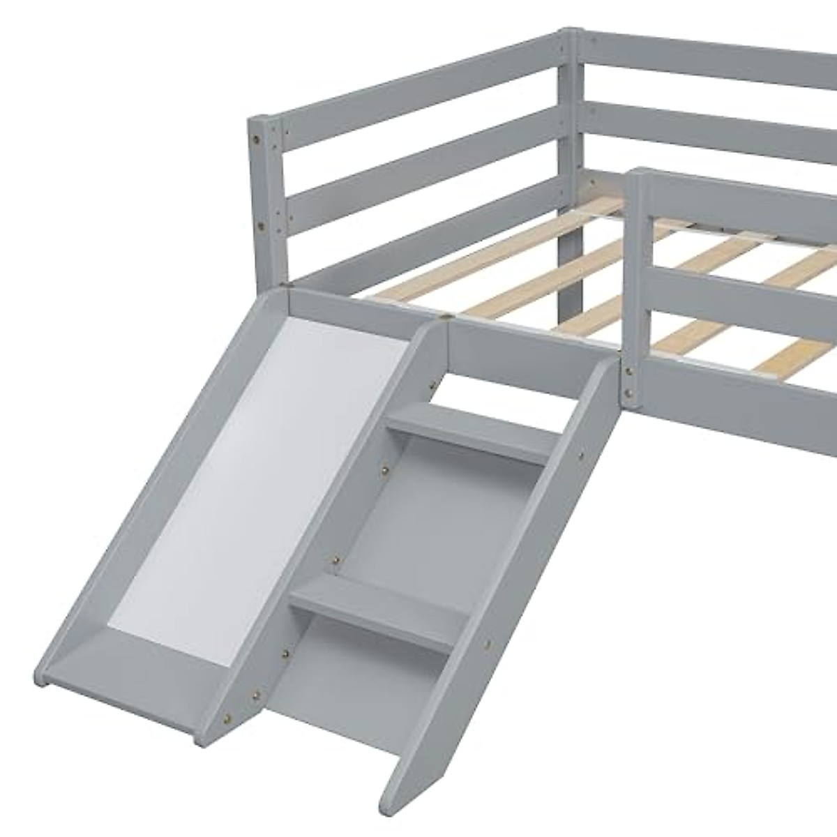 Twin Loft Bed with Slide, Twin Kids Loft Bed with Slide & Ladder, Wood Low Loft Bed Frame with Safety Guardrails, Sturdy Slat Support, Twin Kid Bed Low Loft Bed for Kid, Boys Girls, Grey