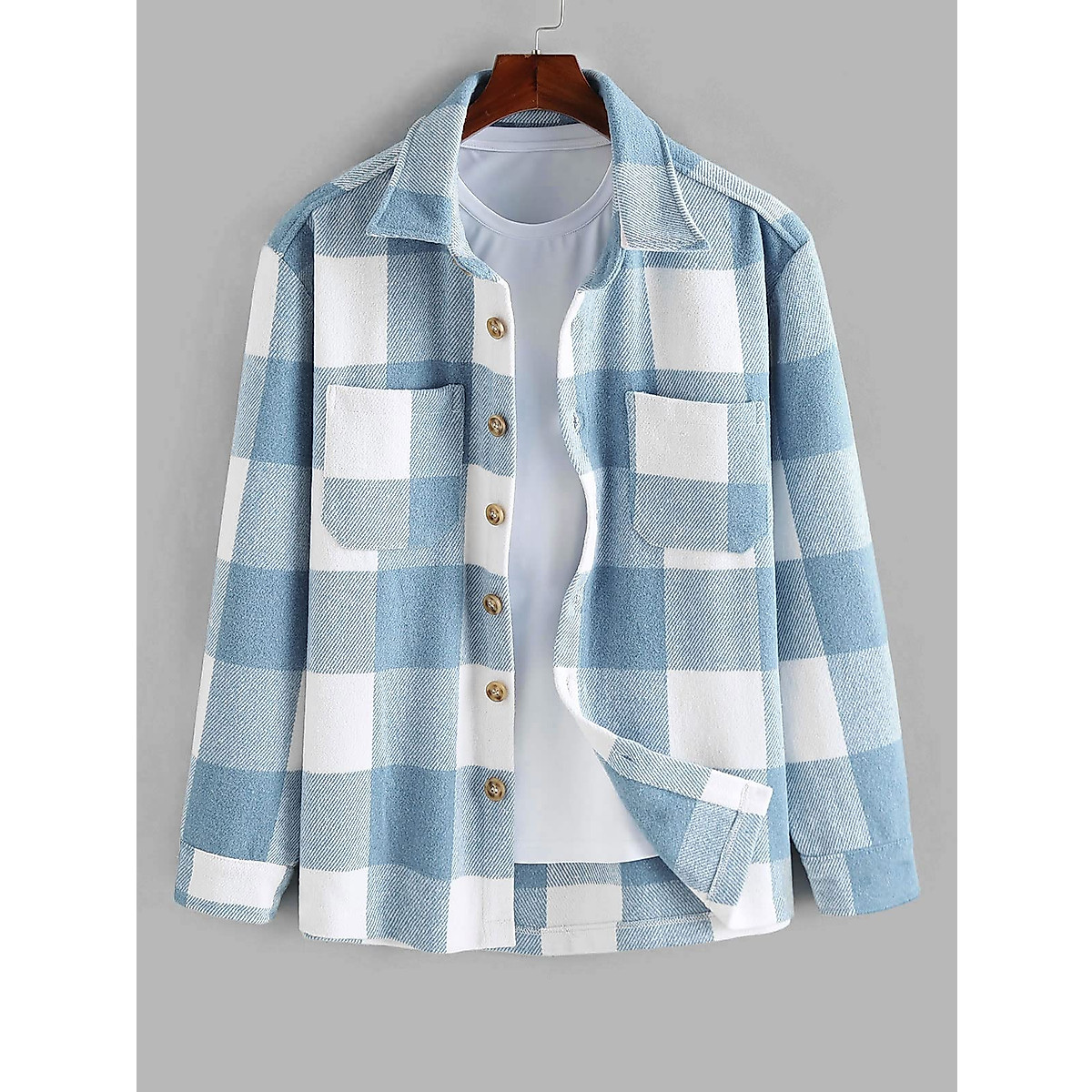 ZAFUL Men's Plaids Shirt Long Sleeve Button Down Lightweight Flannel Jacket Casual Shirt Shacket Classic Flannel Shirts(Plaid-Blue,L)