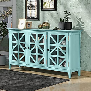 NCKMYB Large Accent Cabinet Sideboard with 3 Transparent Doors, 62'' Buffet Table Storage Cabinet, Coffee Bar Cabinet Cupboard for Kitchen, Living Room, Entryway (Turquoise)