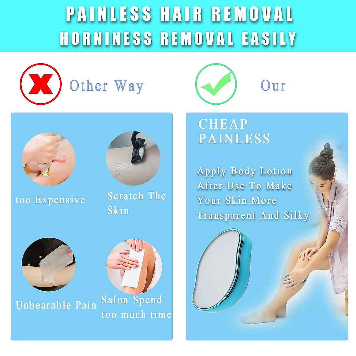 Crystal Hair Eraser for Women Men - BVSIAONG Crystal Hair Remover Magic Hair Eraser, Painless Exfoliating Hair Removal Tool Fast & Easy Skin Exfoliate for Arms Leg Back and Body (Blue)