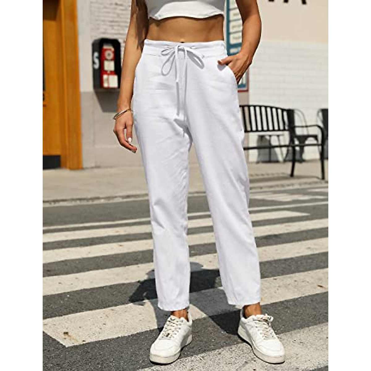 Tanming Linen Pants for Women Summer Casual High Waisted Drawstring White Beach Pant (White, M)