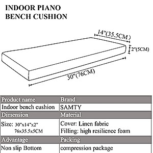 Piano Bench Cushions with Ties Non Slip Memory Foam for Indoor Shoe Storage, Window Seat, Patio Seating, Dining Room Sette Bench pad 30x14 inch, Grey