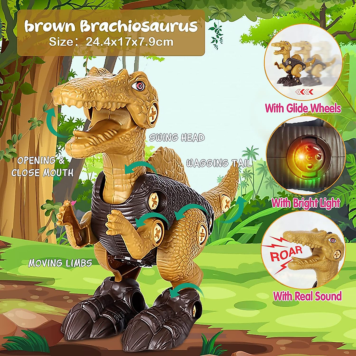 Take Apart Dinosaur Toys for Kids with Sound & Light & Wheel, Dinosaur Toy for 4 5 6 7 8 Year Old Boys,STEM Educational Construction Building Toy with Electric Drill Birthday Gift for Boy Girls