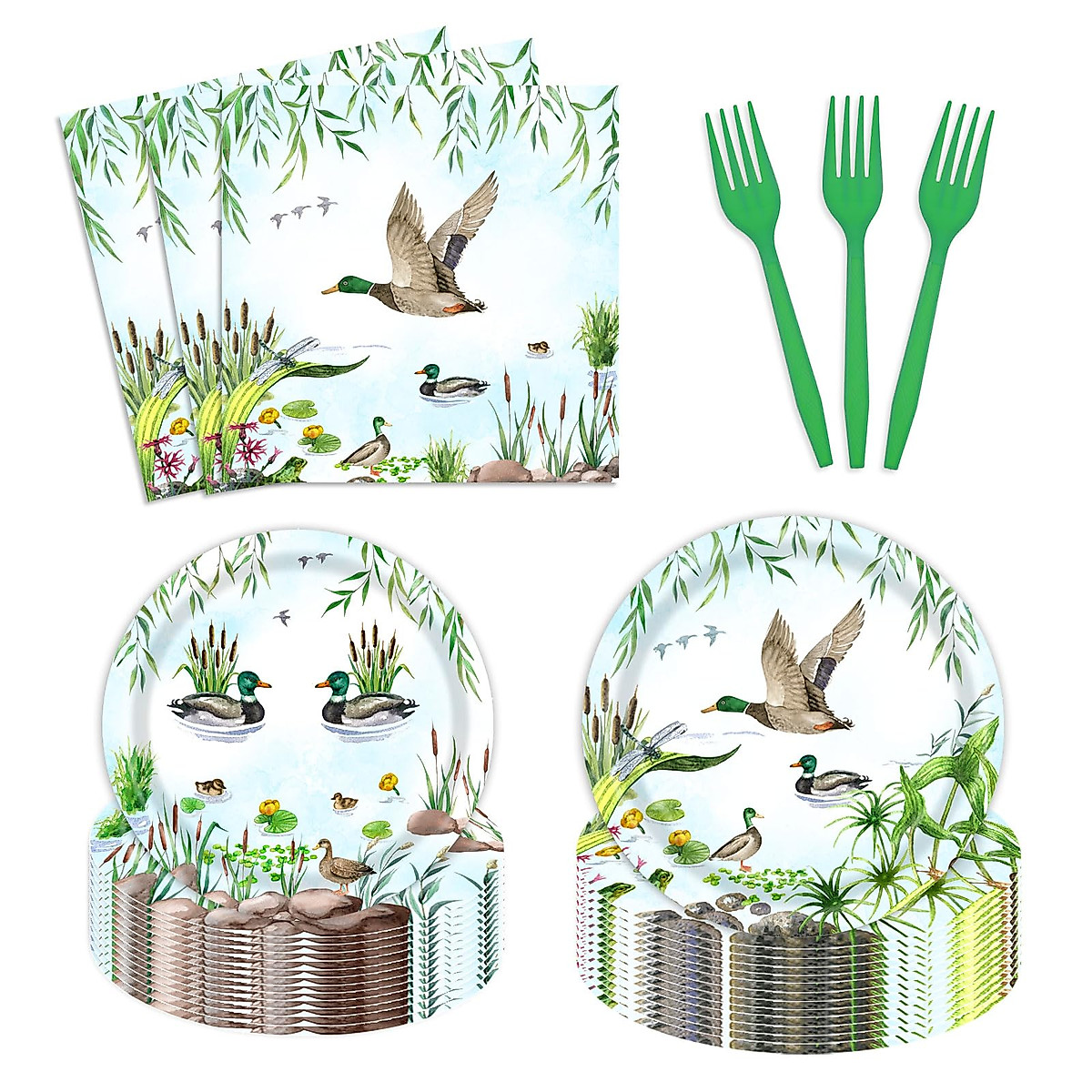 96 Pcs Mallard Duck Party Plates and Napkins Party Supplies One Lucky Duck Tableware Set Duck Hunting Birthday Party Decorations Favors for Duck Hunter Baby Shower Serves 24