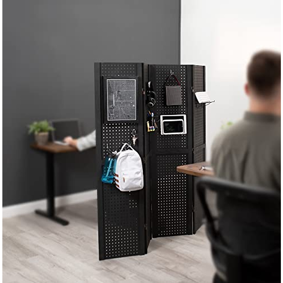 VIVO Rustic Wood Freestanding 60 x 60 inch Pegboard Panel, Office Divider, Cubicle Room Partition Organizer, Trade Show Display Stand, x4 Panels, Black, PP-3-P060B