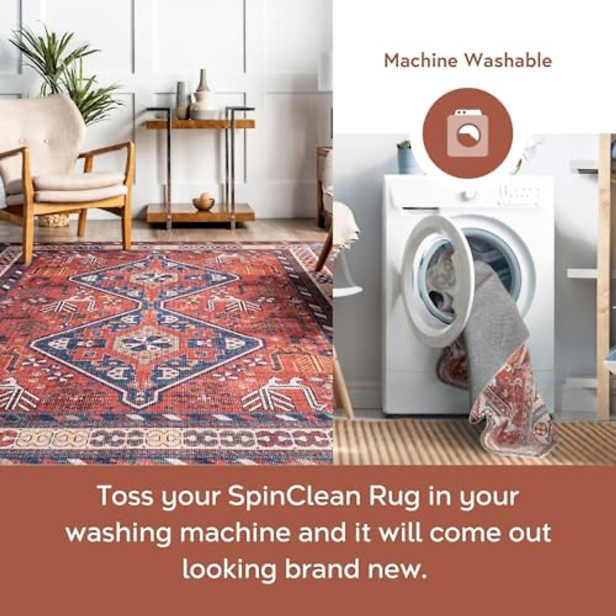 nuLOOM Stella Machine Washable Traditional Tribal Ultra Thin Runner Rug, 2' 6" x 12', Rust