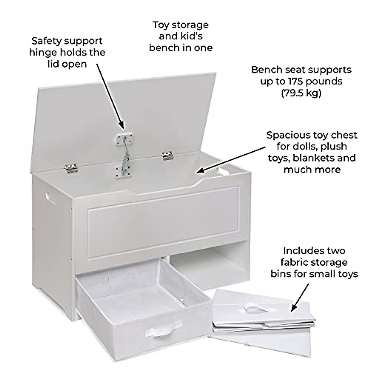 Badger Basket Kid's Up & Down Toy Box and Organizer with Two Reversible Fabric Bins - White