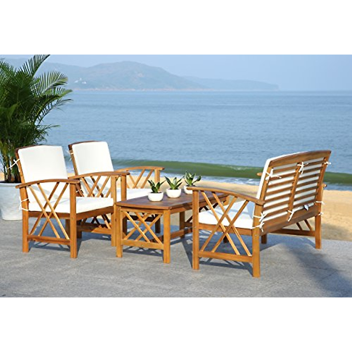 SAFAVIEH Outdoor Collection Fontana Natural/ Beige 4-Piece Conversation Patio Set with Cushions