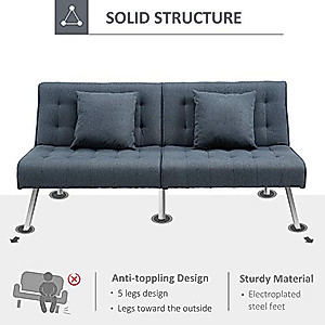 HOMCOM 2-Seater Convertible Sofa Bed with 7 Adjustable Angled Backrest Levels, 2 Pillows, and 5 Steel Legs, Grey