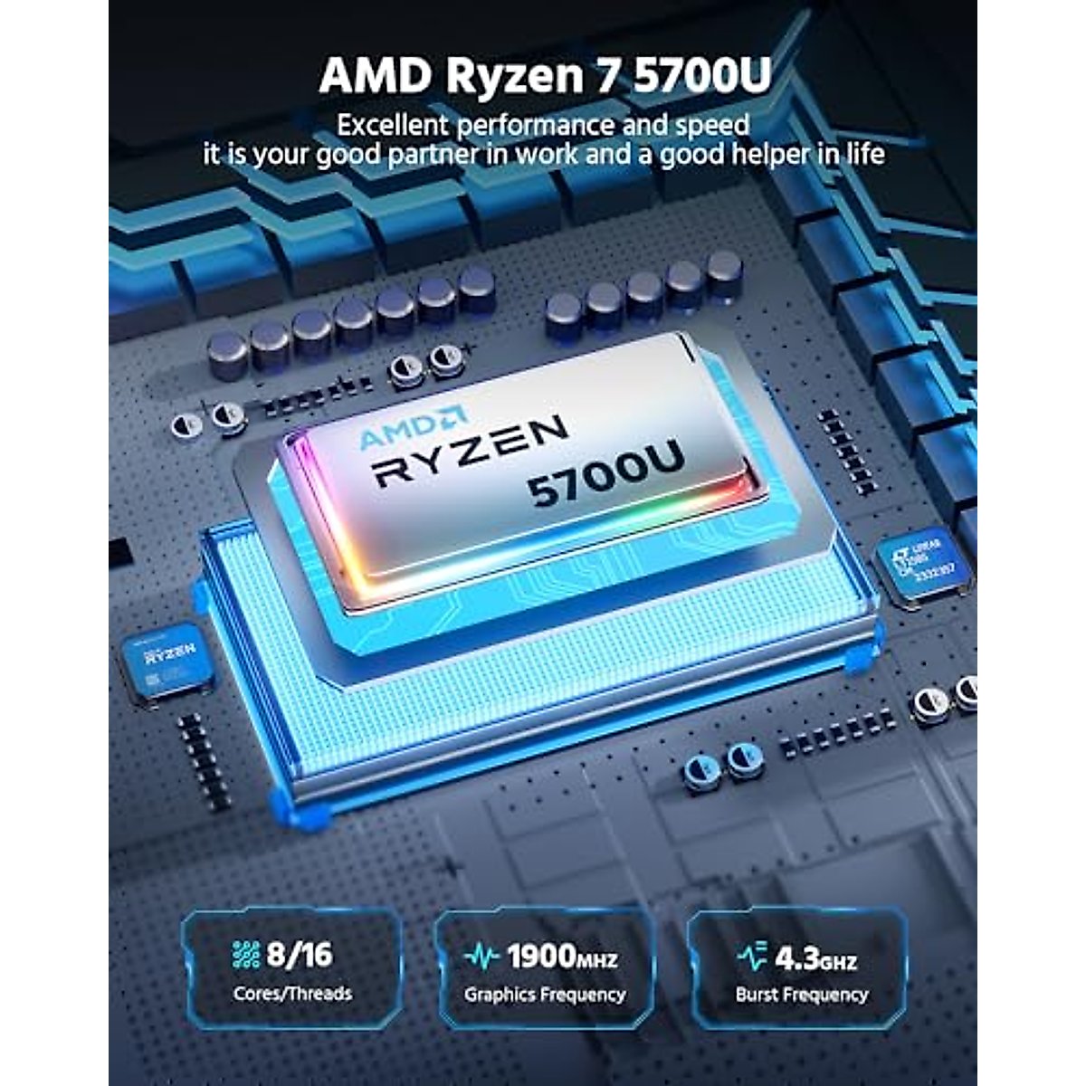 KAMRUI Mini PC Ryzen 7 5700U(8C/16T, up to 4.3GHz), Windows 11 Mini Computer 16GB DDR4 RAM 512GB M.2 2280 NVME SSD Mini PC Gaming, 4K Dual Display Mini Desktop Support WiFi6/BT5.2/Dual Channel