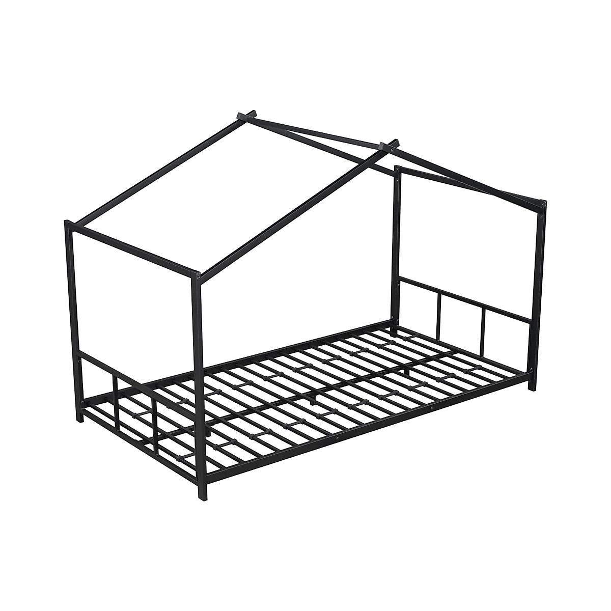 PVWIIK Twin Size Montessori Toddler Floor Bed with Headboards and Footboards, Metal House-Shaped Bed Frame with Soundproof Strip for Girls and Boys, Kids Playroom, No Box Spring Needed (Black)