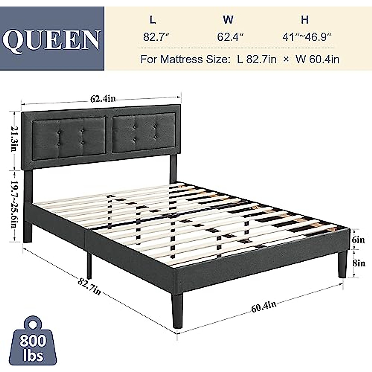 VECELO Queen Size Upholstered Bed Frame with Height Adjustable Fabric Headboard, Heavy-Duty Platform Bedframe/Mattress Foundation/Strong Wood Slat Support/No Box Spring Needed, Grey