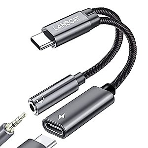 LAMSCAT USB C to 3.5mm Headphone Adapter and Charger, USB Type C to Aux Audio Jack with PD 60W Fast Charging Dongle Cable Cord Compatible with Pixel 5 4 3 XL, Galaxy S21 note20 and More-Gray