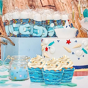 Whaline 48Pcs Ocean Wave Cupcake Wrappers Blue Sea Waves Cupcake Liners Summer Ocean Paper Baking Cup Cupcake Holders for Birthday Summer Ocean Theme Party Cake Decorations