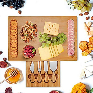 Bamboo Cheese Board Set with Drawer Wooden Charcuterie Tray Platter Including 4 Stainless Steel Knife and Serving Utensils, Gift Idea for Birthdays, Wedding Registry, Housewarming