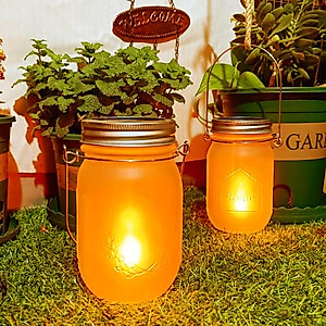 Solar Mason Jar Flame Lantern Lights ,4 Pack LED Flickering Flame Effect Light,Solar Lanterns for Outdoor Patio Party Garden Wedding Christmas Decor Lights(Mason Jars/Handles Included)