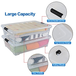 Hespama 3-Pack 50 Quart Plastic Underbed Storage Container Box, Large Clear Under Bed Storage Bins with Wheels