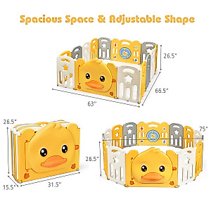 Costzon Baby Playpen, 14-Panel Portable Baby Play Yards with Yellow Duck Pattern, Door with Safety Lock, Indoor Outdoor Foldable Baby Fence with Non-Slip Rubber Bases & Rubber Suction Cups (14 Panel)