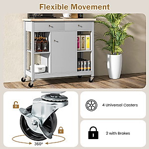 LOKO Kitchen Island on Wheels, Rolling Kitchen Serving Cart with 2 Drawers, 4 Open Shelves & Adjustable Shelf, 3-Tier Kitchen Cart with Rubber Wood Top for Home Kitchen & Coffee Bar, Grey