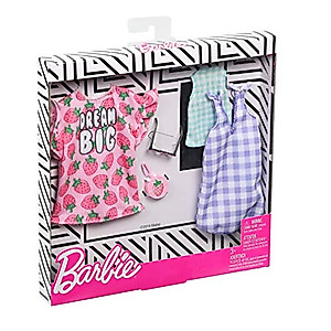 Barbie Clothes, 2 Outfits Doll Include a Strawberry-Print Dress, a Checked Dress and Top, Plus a Strawberry-Decorated Purse and Heart-Shaped Sunglasses, Gift for 3 to 8 Year Olds​