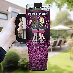 34HD 40oz Insulated Tumbler with Handle – Partners in Crime Birthday Gift for Best Friends or Sisters – Funny Stainless Steel Travel Mug – Keeps Drinks Hot or Cold – Fun Bar Night Quote Design