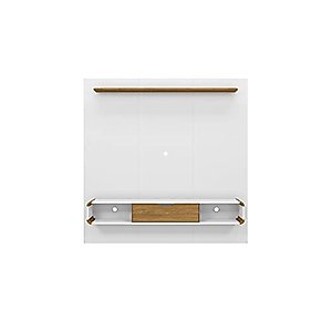 Manhattan Comfort Camberly 62.36" Floating Entertainment Center with 3 Shelves and Overhead Décor Shelf, White and Cinnamon