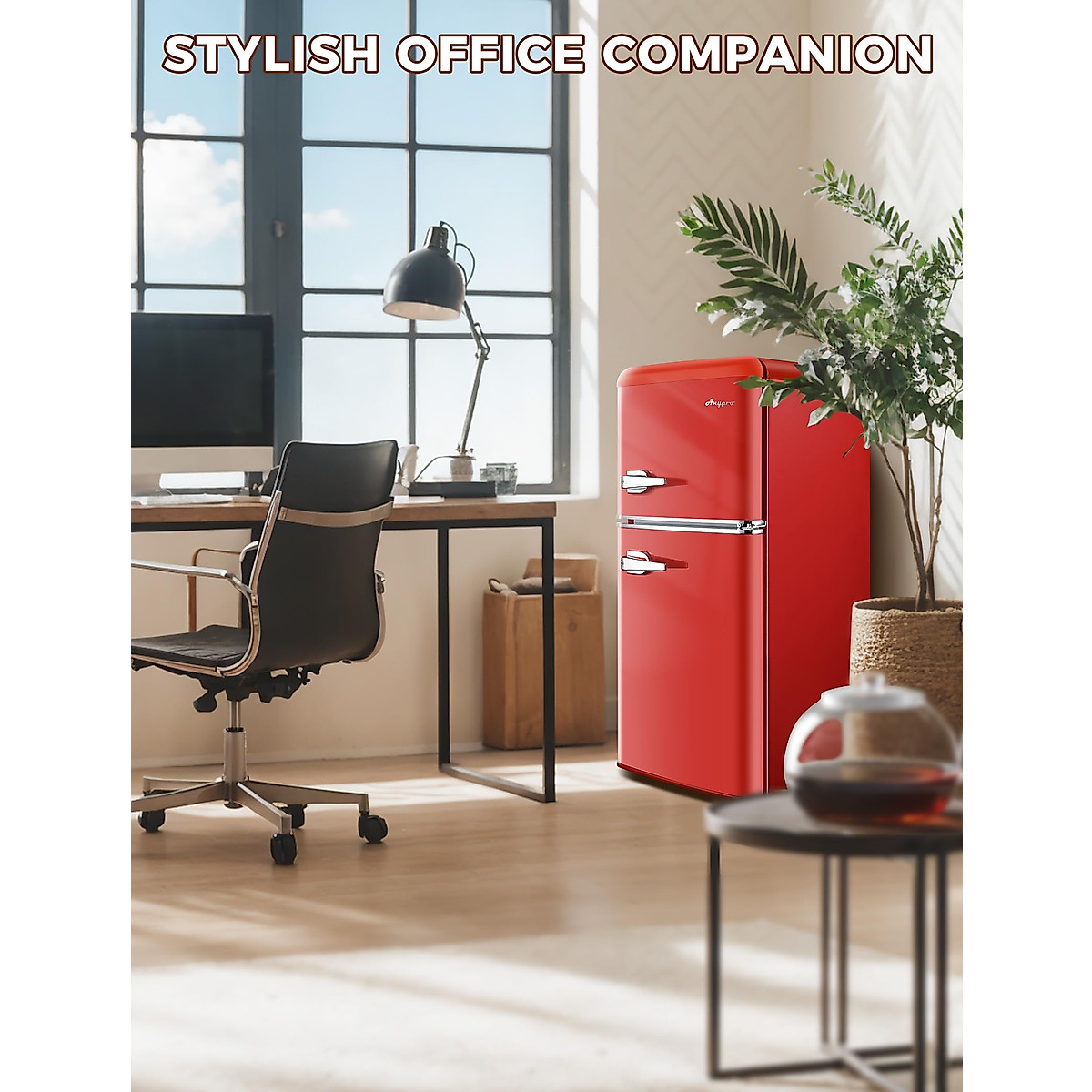 Anypro 3.2 Cu.Ft Refrigerator, Retro Double Door Fridge with Freezer, 7 Adjustable Temperature Settings, Removable Glass Shelves for Dorm, Office, Bedroom, Apartment, Red