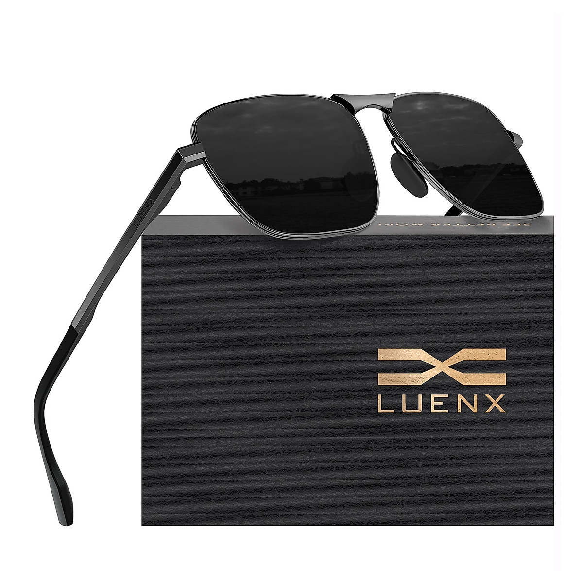 LUENX Men Rectangular Polarized Sunglasses Square Retro Shades - Black Lens Gunmetal Frame 59mm