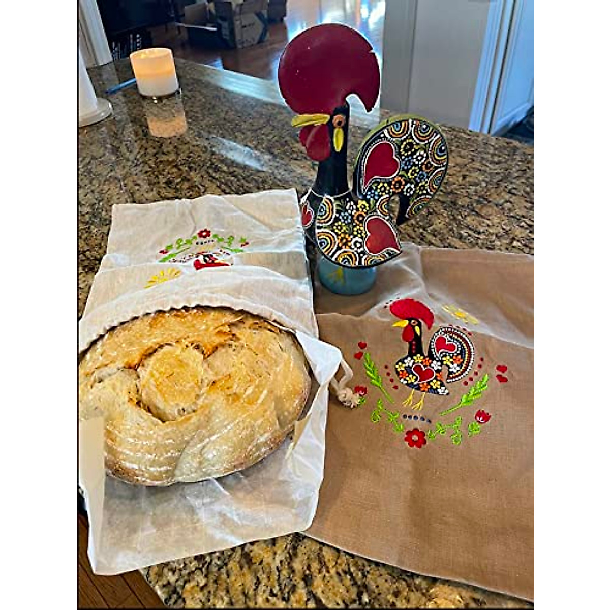 Artisan Linen Bread Bags, Embroidered Set of 2 Large Reusable Bread Bags for Homemade Bread with Drawstring - Gifts for Bakers - Rooster Gifts for Women
