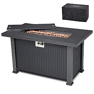 Propane Fire Pit Table 44 Inch, 50000BTU Rectangle Fire Table with Cover & Rain Cover, Sturdy Steel and Iron Fence Surface, CSA Safety Certified, Companion for Your Garden