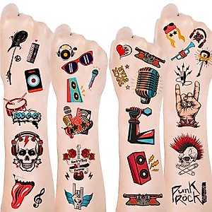 20 Sheets Rock and Roll Temporary Tattoos Party Favors for Rock Star, Born to Rock, 50s/80s Rock Theme Party Decorations Supplies Gifts
