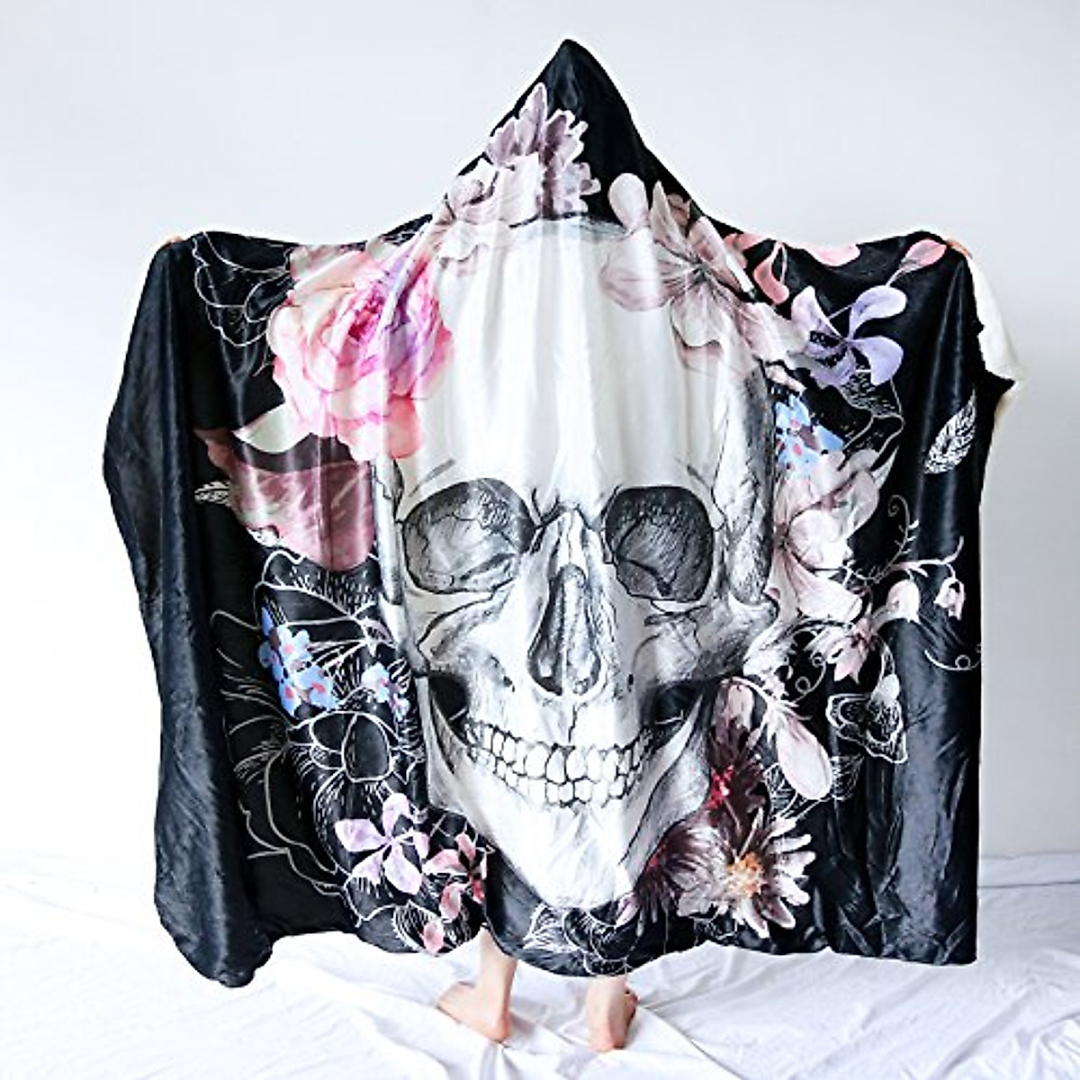 Sleepwish Sugar Skull Plush Wearable Hooded Blanket Skull Flowers Floral Watercolor Fleece Blanket Poppy Rose Sherpa Blanket (Adults 60"x 80")