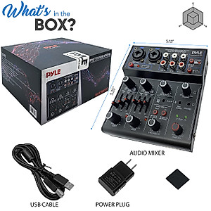 Pyle Professional Wireless DJ Audio Mixer - 4 Channel Bluetooth Controller Sound Mixer, USB Audio Interface, 2 Combo Jack XLR+6.35mm Mic/Line/Guitar in, 3.5mm, RCA AUX, Headphone Jack - PAD43MXUBT