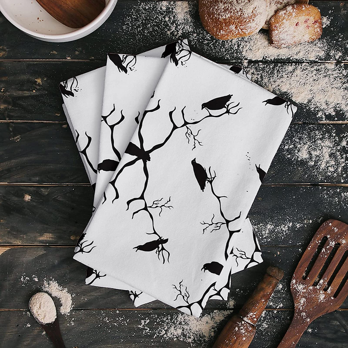 Beisseid Kitchen Dish Towels, Flock of Crows Monochrome Dish Cloth Fingertip Bath Towels Cloth Gothic Raven on Leafless Tree Branches Hand Drying Soft Cotton Tea Towel Set, 18x28in 2PCS