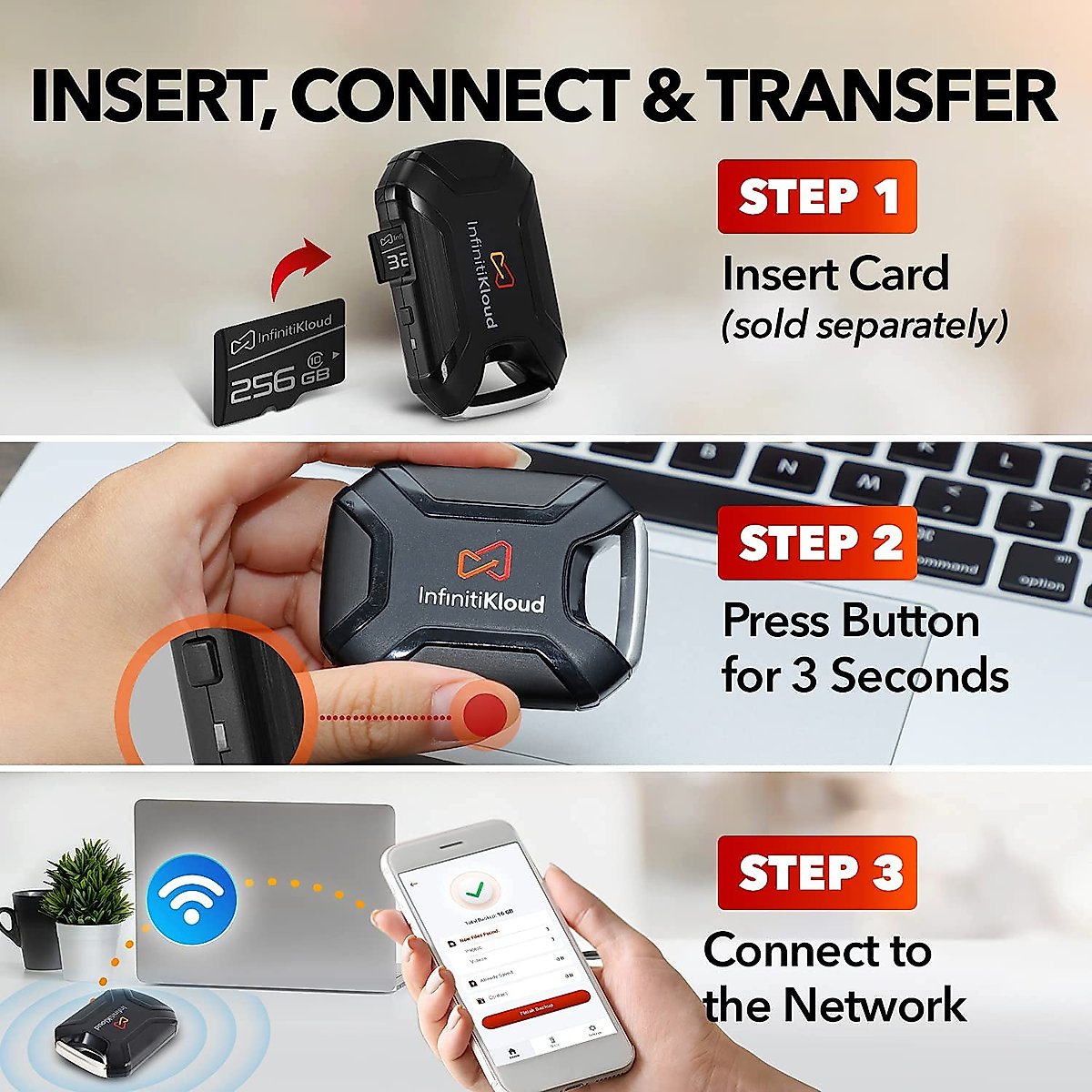INFINITI KLOUD InfinitiKloud Wireless Portable Drive WiFi - Ultra Backup Storage | External iPhone, Android, Laptop Desktop PC Storage | 2.4GHz, Up to 40MB/s Fast Transfer | Mini Memory Card Required