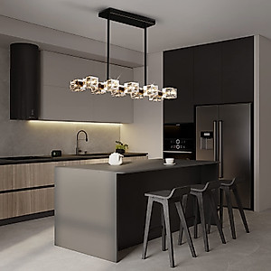 OKES Dining Room Light Fixture,Modern Crystal Chandeleirs Semi Flush Mount Ceiling Light Fixture,Black Metal Crystal Pendant Light for Kitchen Island Farmhouse Dining Room,Living Room (10-Lights)…