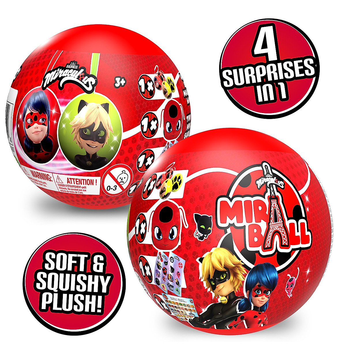 Miraculous Ladybug, 4-1 Surprise Miraball, 3 Pack, Toys for Kids with Collectible Character Metal Ball, Kwami Plush, Glittery Stickers and White Ribbon (Wyncor)