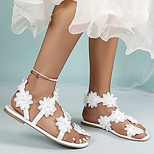 Womens Sandals Bohemia Peals Flower Gladiator Sandals Toe Ring Slip on Flats Sandals Casual Summer Beach Shoes