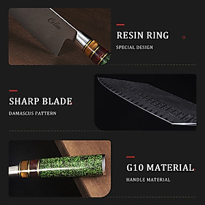 Orlan 5-Inch Utility Knife, Paring Knife Japanese VG10 Stainless Steel Beautiful Pattern and G10 Handle with Special Resin Ring Professional Damascus Knife - ForestGreen