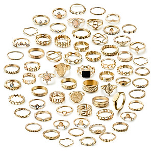 PANTIDE 69Pcs Vintage Knuckle Rings Set Chain Chunky Dome Crystal Carved Stackable Finger Joint Rings Retro Bohemian Plated with Gold Minimalist Statement Size Mixed Midi Rings for Women Girls
