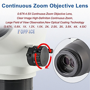 KOPPACE 6.7X-45X Trinocular Stereo Microscope Dual Arm Bracket Magnification Locking Function.