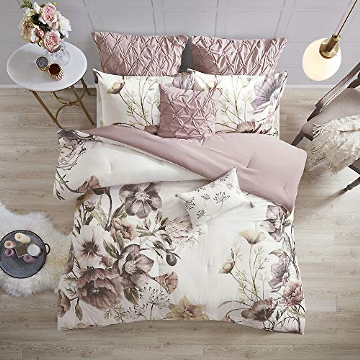 Madison Park Cassandra Cotton Blend Comforter Set - Feminine Design Colorful Floral Print, All Season Down Alternative Bedding Layer and Matching Shams, California King, Blush 8 Piece