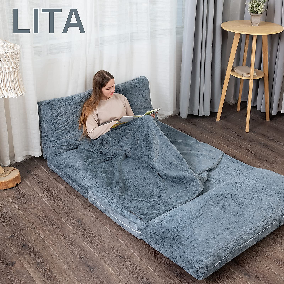 LITA Fluffy Soft Bean Bag Sofa Bed with Blanket, Folding Mattress Bean Bag Chair Foam Filling Convertible Couch Bed with Removable Cover Soft Faux Fur Wall Sofa Bed for Living Room, Dark Grey