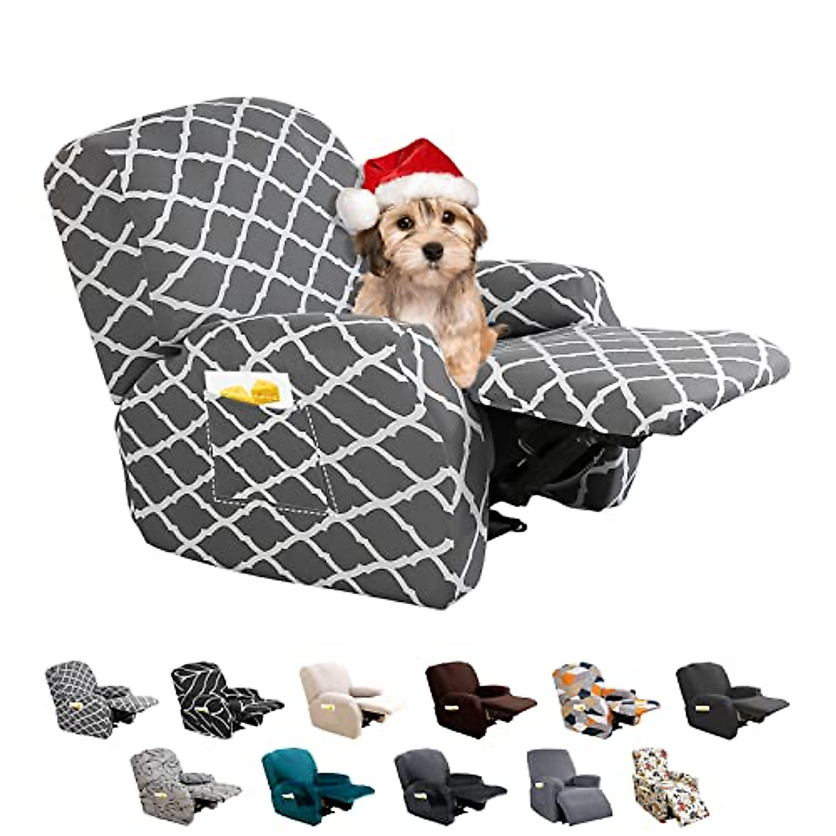 FIGOOO Recliner Sofa Slipcover 4-Piece Stretch Recliner Chair Covers Non Slip Spandex Pattern Recliner Cover with Pockets Reclining Couch Covers Furniture Protector for Dogs Cats(Gray Plaid,1 Seater)